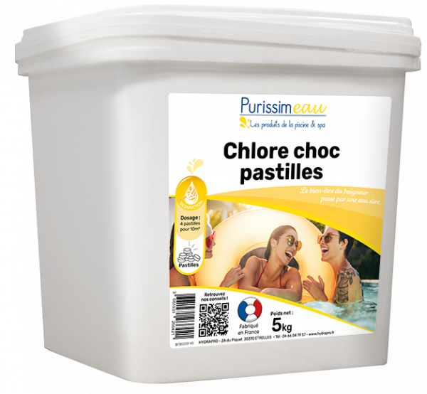 Fiche technique et FDS PURISSIM'EAU CHLORE CHOC PASTILLES 20G - Blue DEP